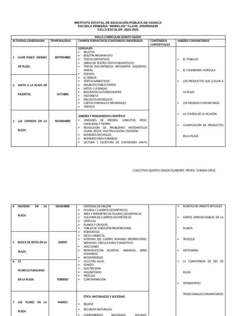 Malla Curricular Quinto Primaria 2024-2025 | PDF