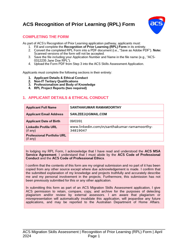 ACS Recognition of Prior Learning (RPL) Form 2024 v2 | PDF | Artificial Intelligence ...
