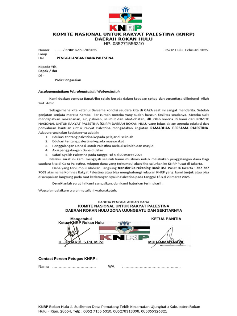 Surat KNRP Penggalangan Dana Palestina Roki | PDF