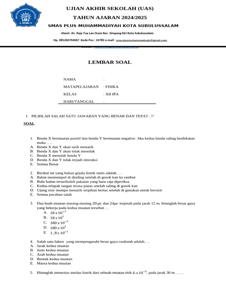 Soal Uas Fisika Kelas 12 | PDF