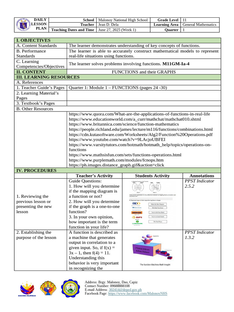 Detailed Lesson Plan Day 5 | PDF | Function (Mathematics) | Variable (Mathematics)