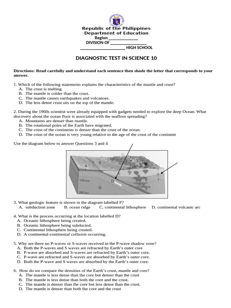Diagnostic Test-Science 10 | PDF | Plate Tectonics | Transformer