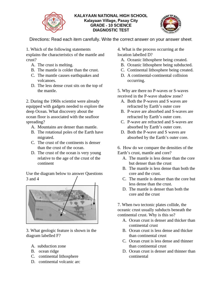 DIAGNOSTIC TEST-SCIENCE 10 - Edited | PDF | Plate Tectonics | Crust ...