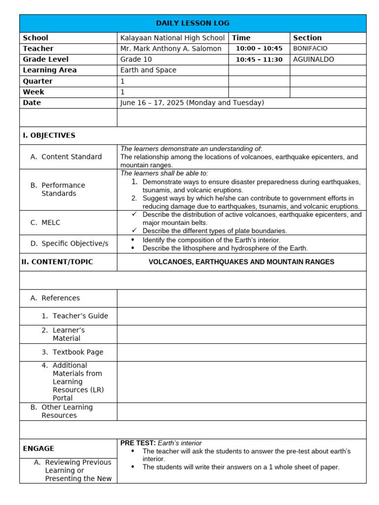 DLL - Mr. Salomon - Q1-W1 - June 16, 2025 | PDF | Volcano | Earthquakes