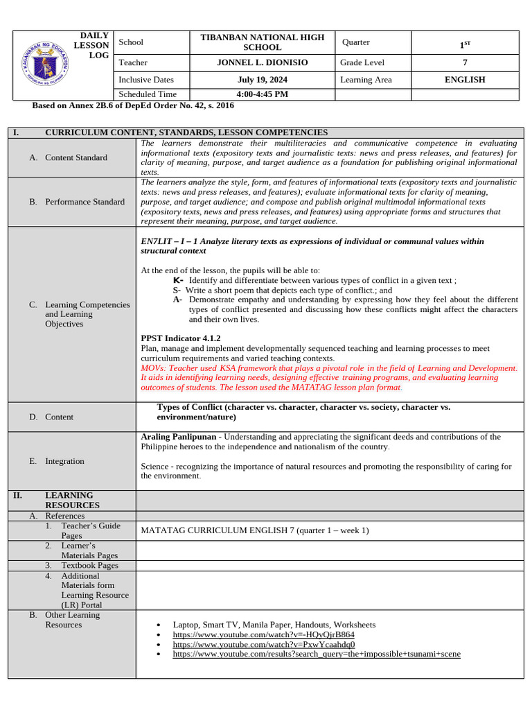 Grade 7 English Lesson Plan: Conflict Types | PDF | Learning ...