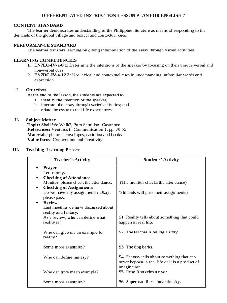Differentiated Instruction Lesson Plan For Grade 7 English | PDF ...