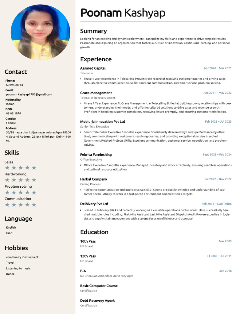 Poonam Resume 447 RECOMMENDED Compressed-1-2 | PDF | Cognition