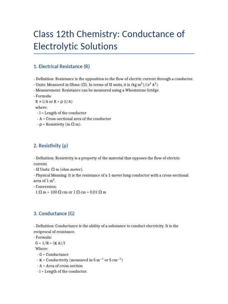 Conductance of Electrolytic Solutions Notes | PDF | Electrical ...