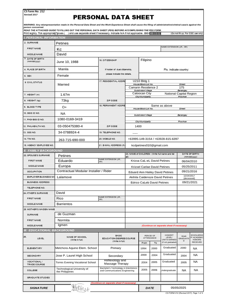 Personal Data Sheet (CS Form 212) | PDF | Justice | Crime & Violence