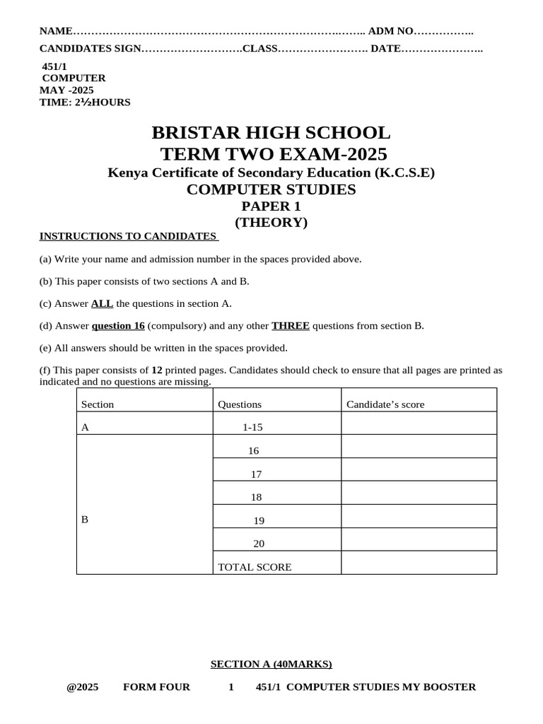 Bristar Computer Paper 1 | PDF | Computer Hardware | Software