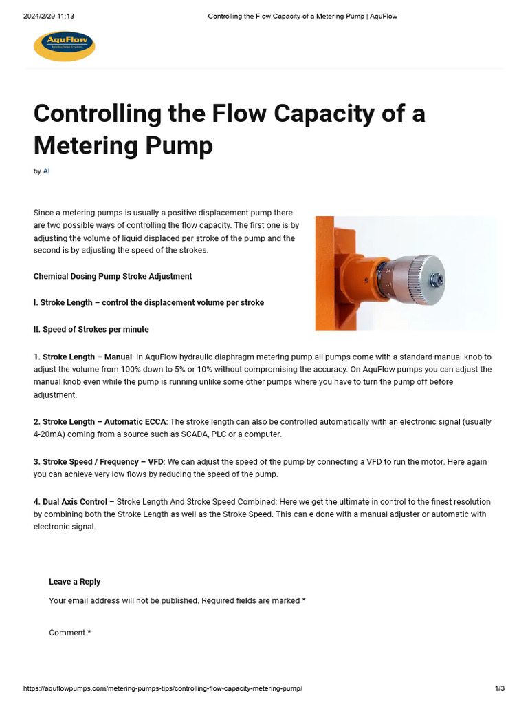 Controlling The Flow Capacity of A Metering Pump - AquFlow | PDF