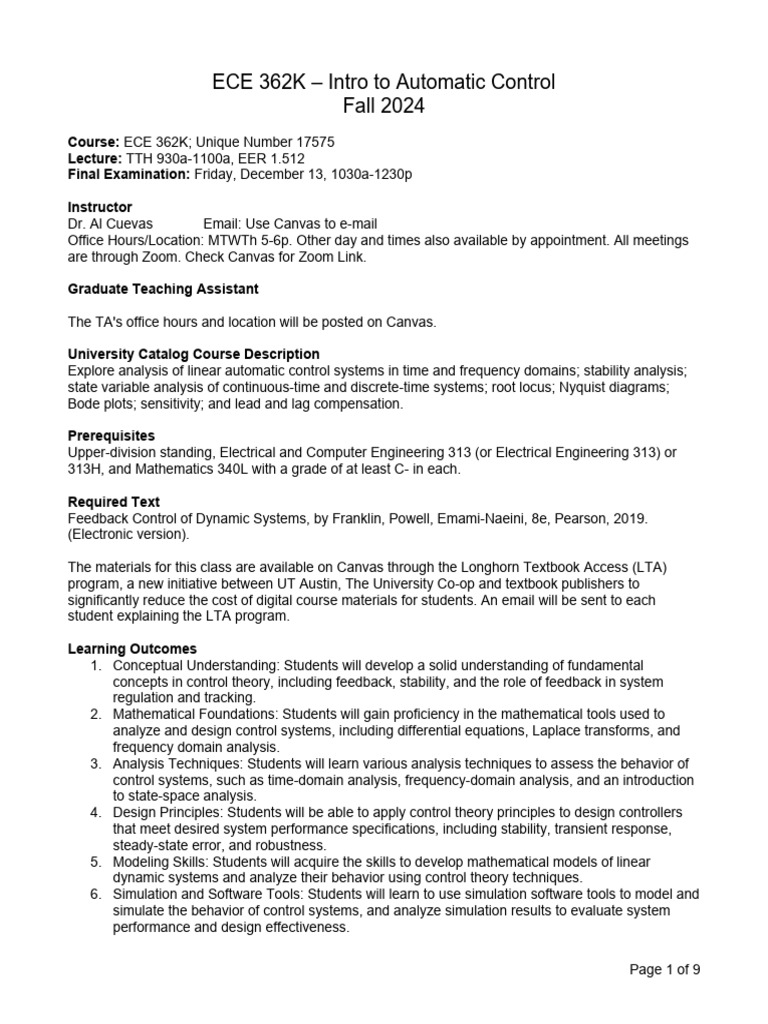 ECE 362K: Automatic Control Course Guide | PDF | Control Theory ...