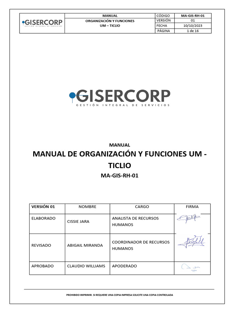 Ma-Gis-Rh-01 Manual de Organizacion y Funciones Mof-Um Ticlio | PDF ...