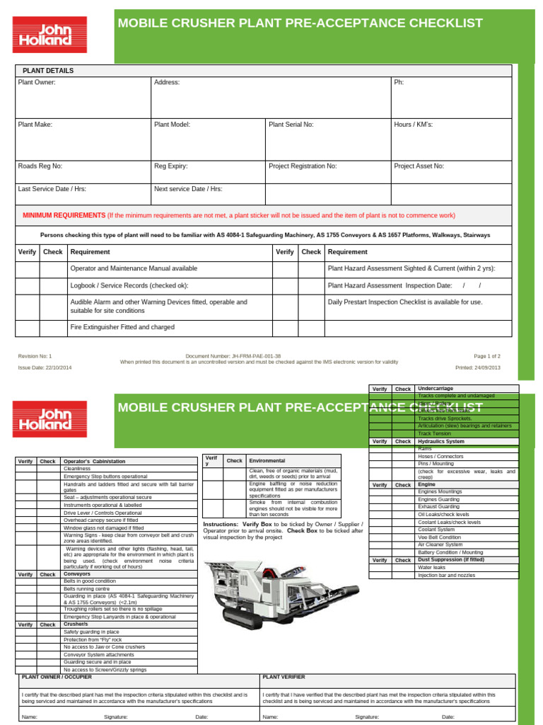 JH FRM Pae 001 38 Mobile Crusher Plant Pre Acceptance Checklist | PDF | Manufactured Goods