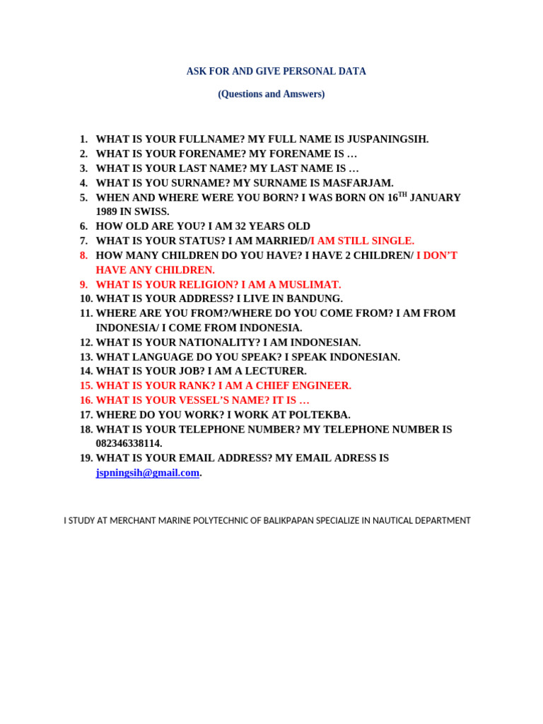 Ask For and Give Personal Data | PDF