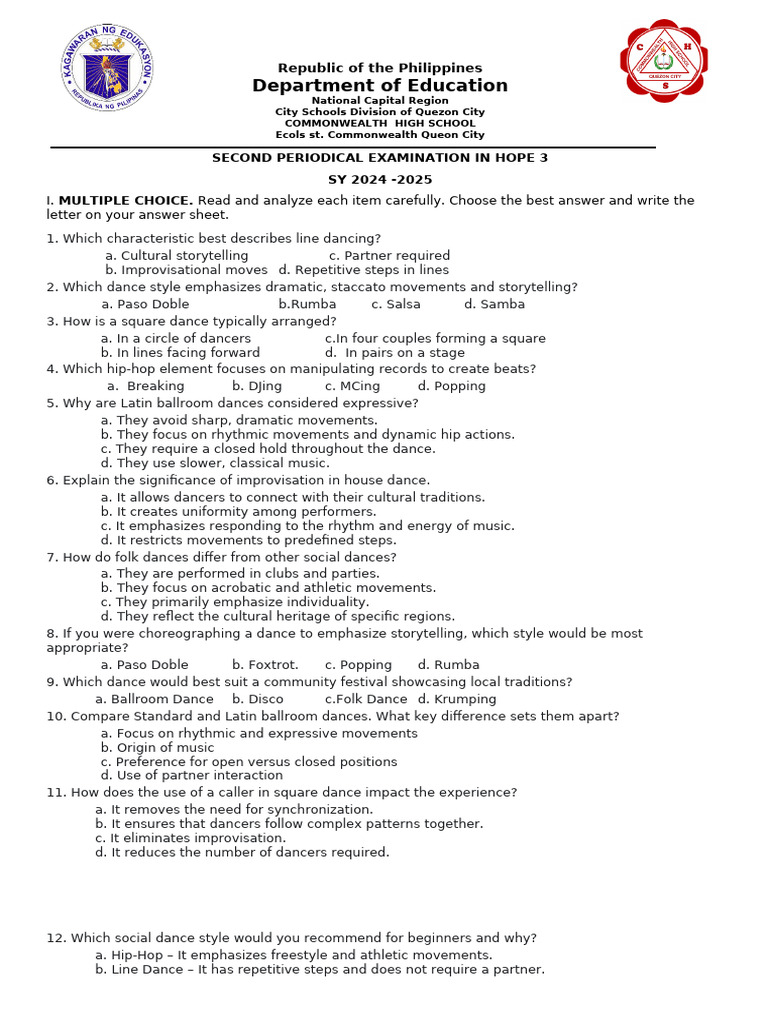Grade 12 - 2nd - Periodical Exam Hope 3 | PDF | Dances | Ballroom Dance