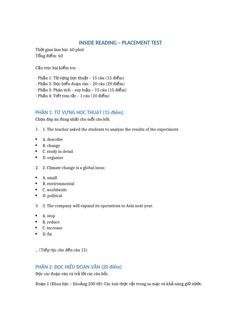 Inside Reading Placement Test | PDF