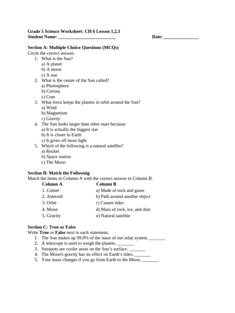 Grade 5 Science Worksheet (HW) | PDF