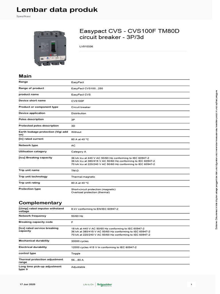 Schneider Electric EasyPact-CVS-MCCB LV510336 | PDF | Alternating Current | Power Supply