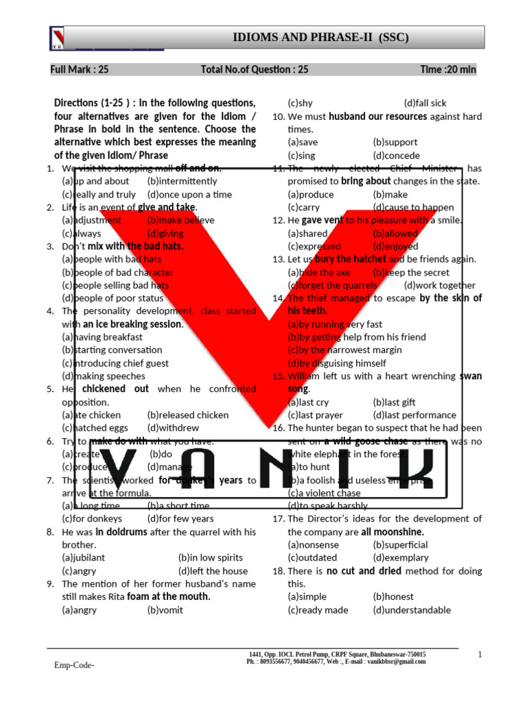 Idioms and Phrase - II SSC | PDF