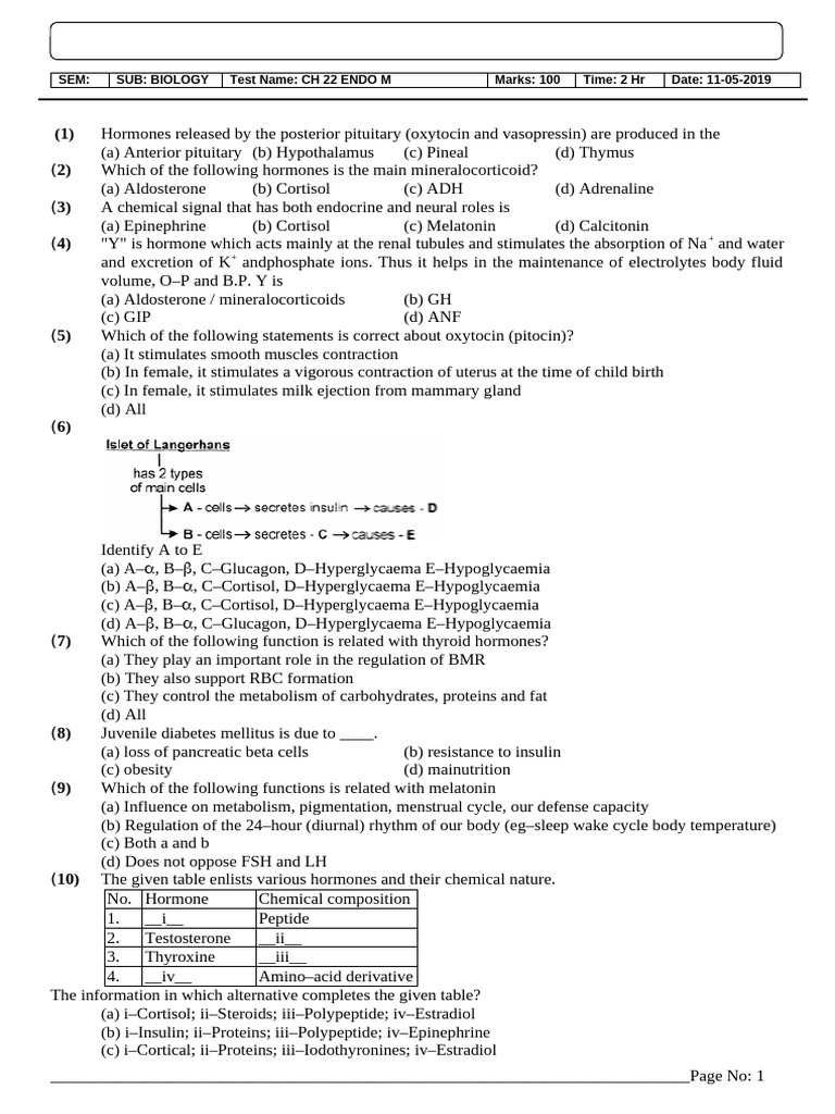 Hormones and Endocrine Functions Quiz | PDF | Endocrine System ...