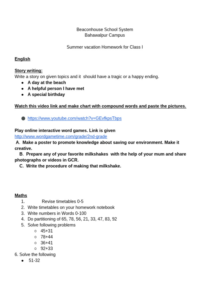 Summer Task Class 1 | PDF