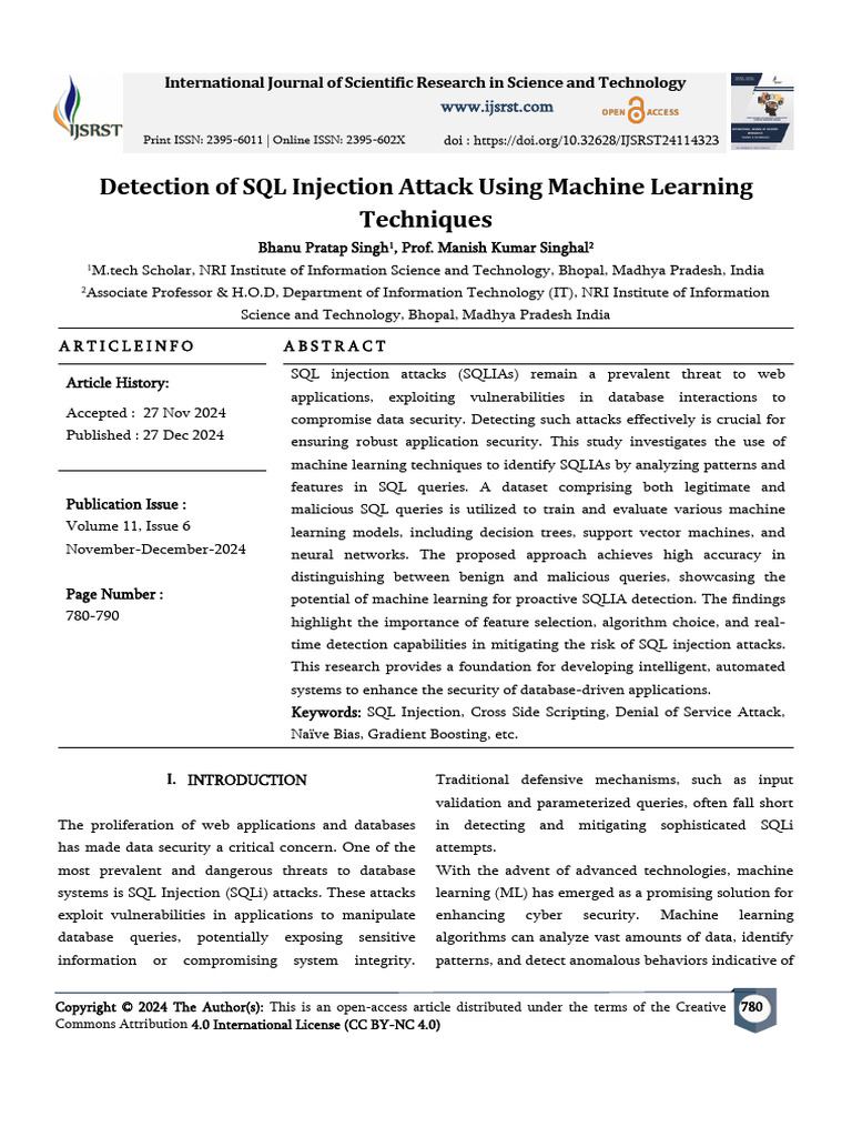 Detection of SQL Injection Attack Using Machine Le | PDF | Machine Learning | Accuracy And Precision