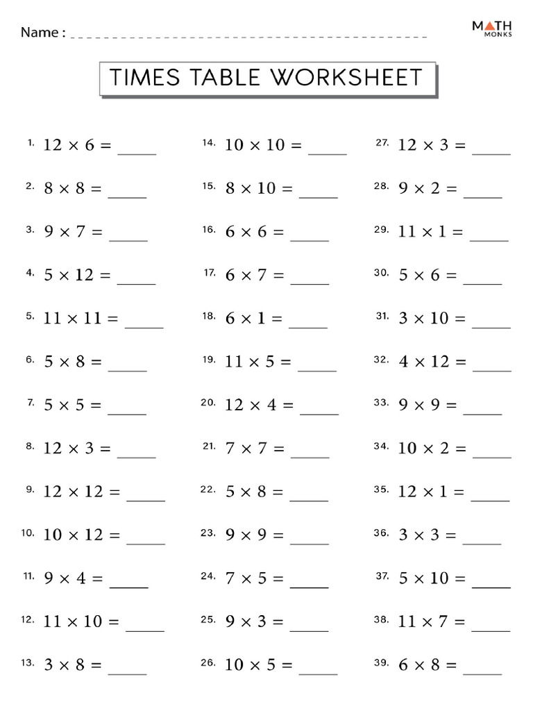 5th Grade Times Tables Worksheets | PDF