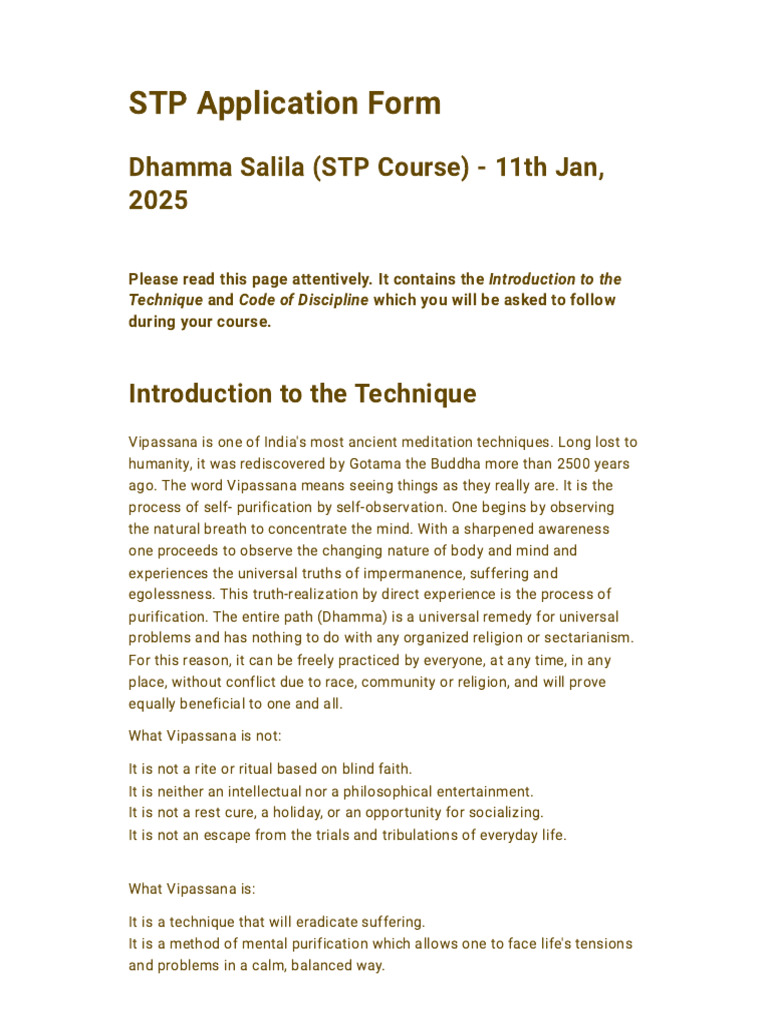 STP Application Form - Vipassana Course Schedule | PDF | Meditation ...