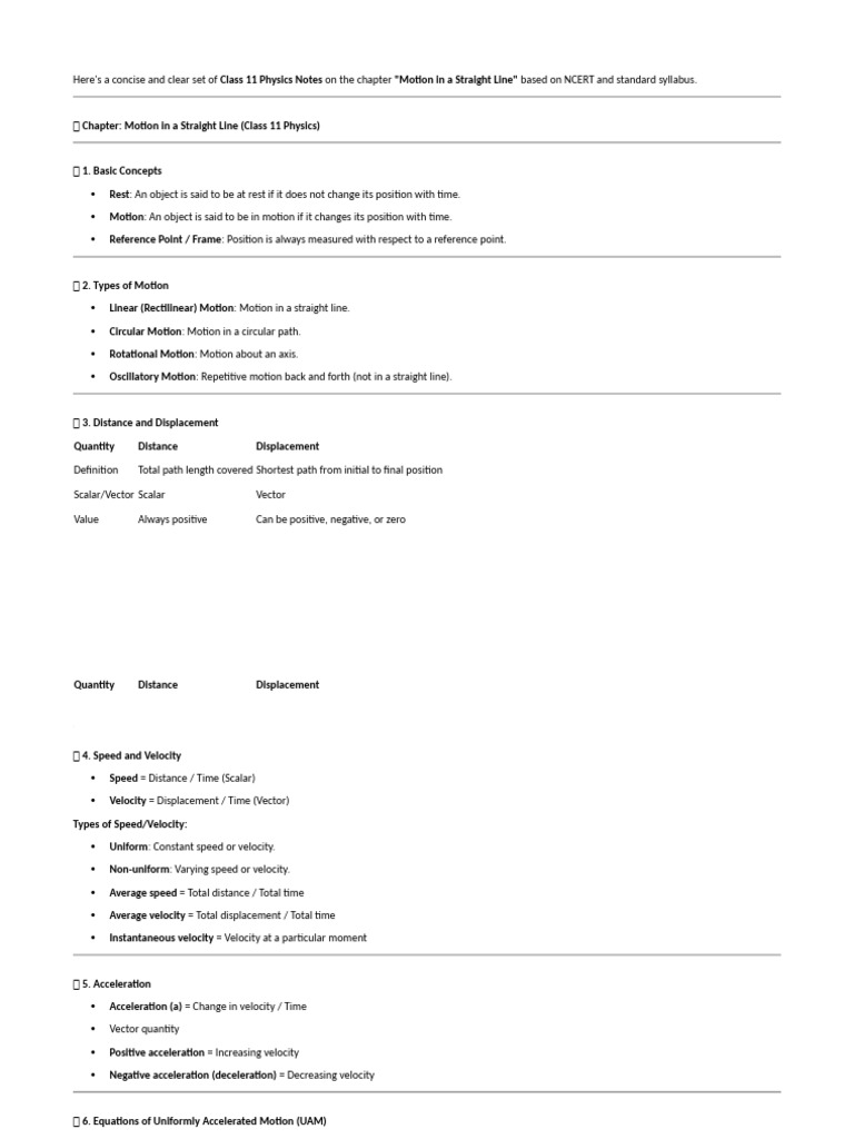 Class 11th Motion in A Straight Line Notes | PDF | Velocity | Acceleration