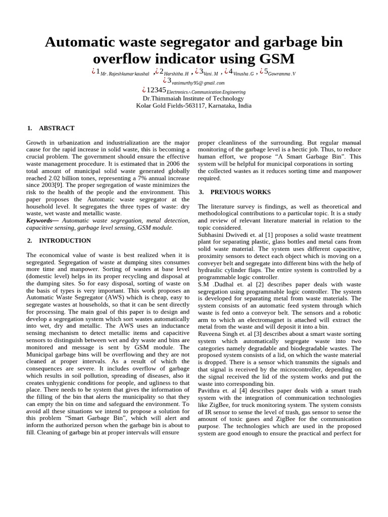 Automatic Waste Segregator and Garbage Bin Overflow Indicator Using GSM | PDF | Inductor ...