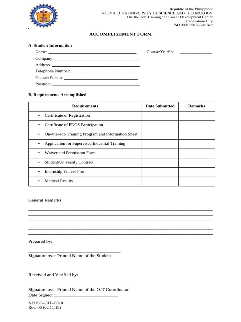 Nueva Ecija OJT Accomplishment Form | PDF