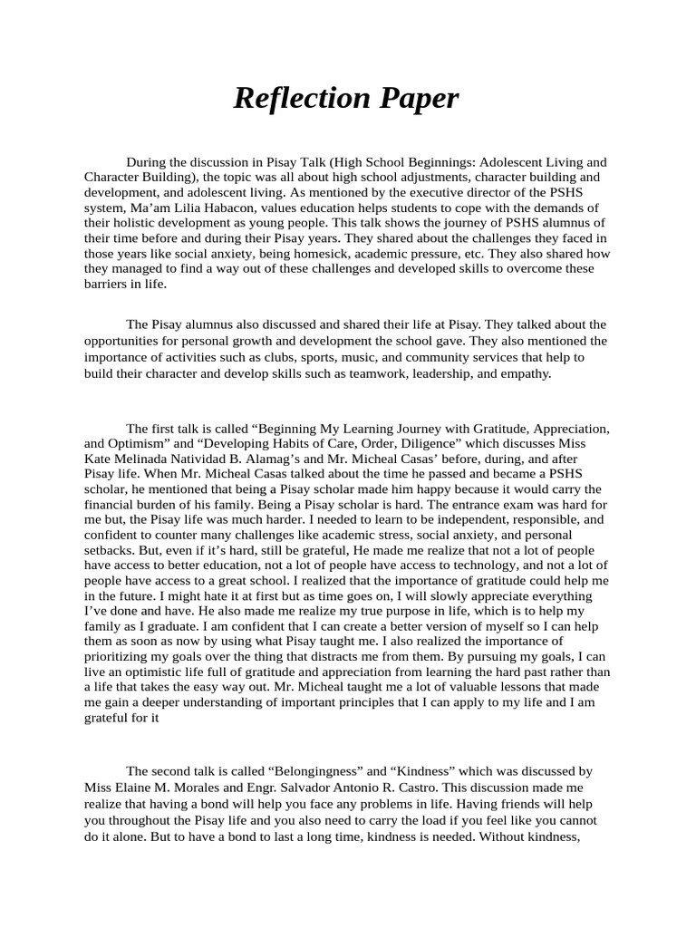 Pisay Talk Reflection Paper | PDF | Gratitude | Behavioural Sciences