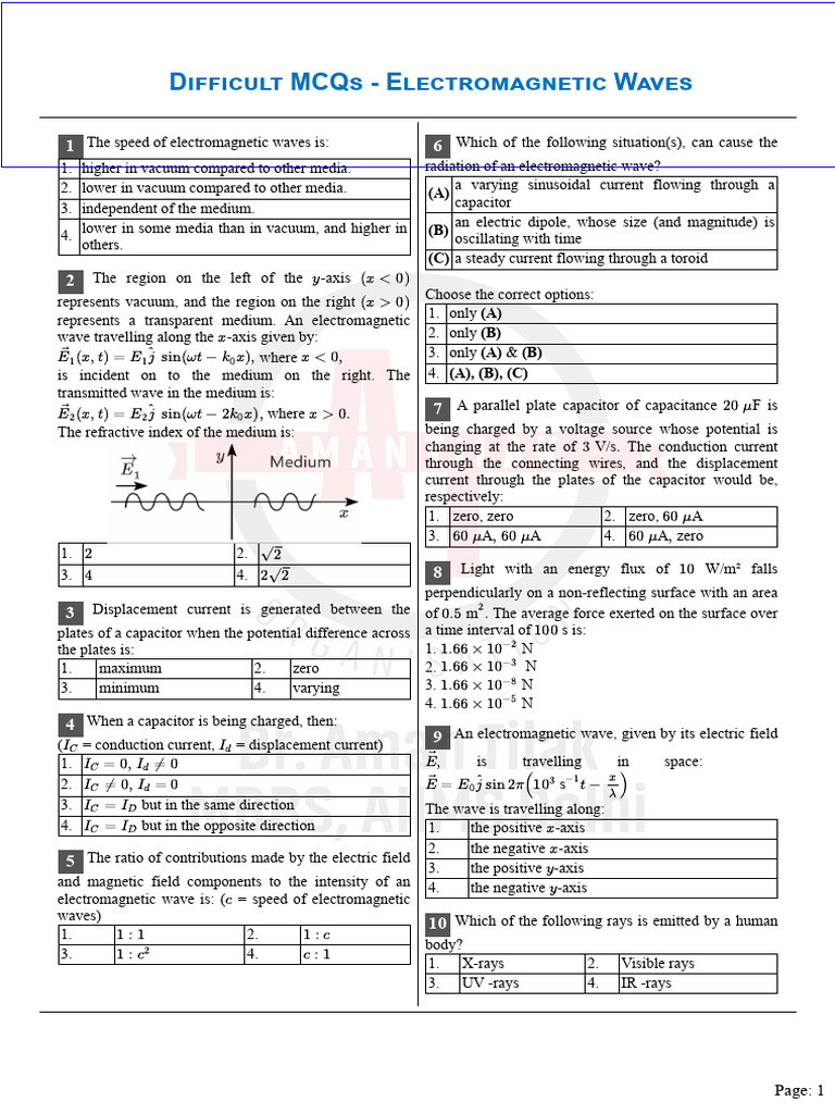 Difficult MCQs - Electromagnetic Waves | PDF | Waves | Electromagnetic Radiation