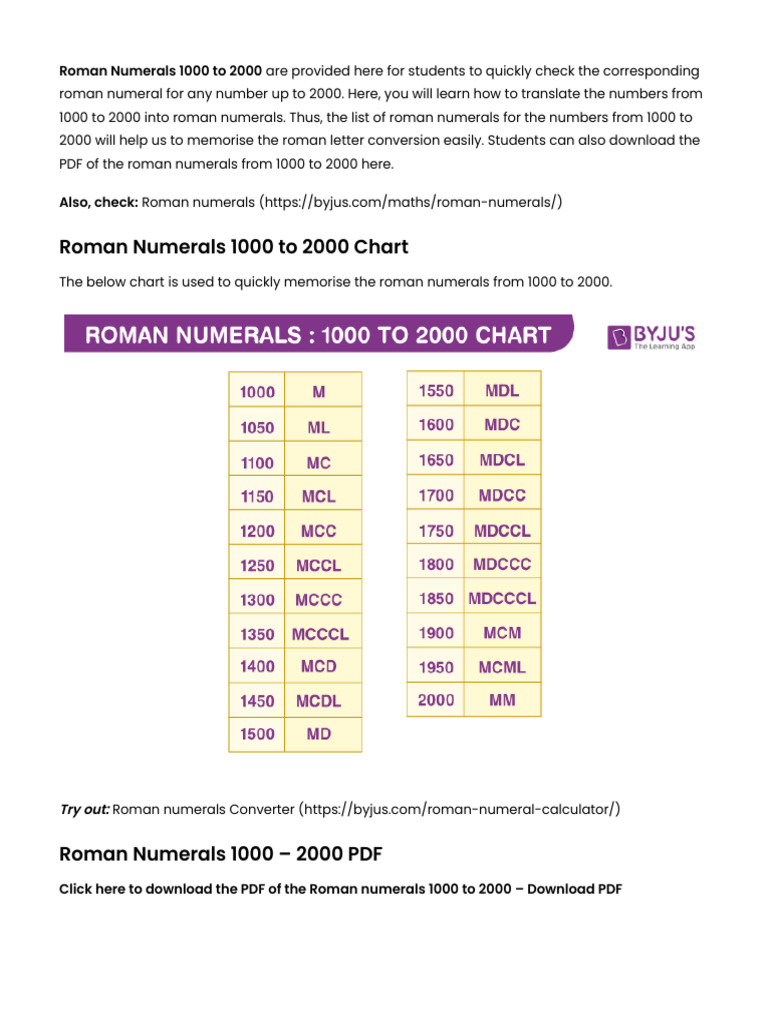 Maths Roman Numerals 1000 To 2000 | PDF