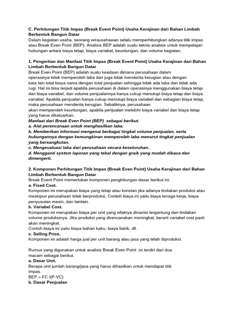 Perhitungan Titik Impas (Break Event Point) | PDF