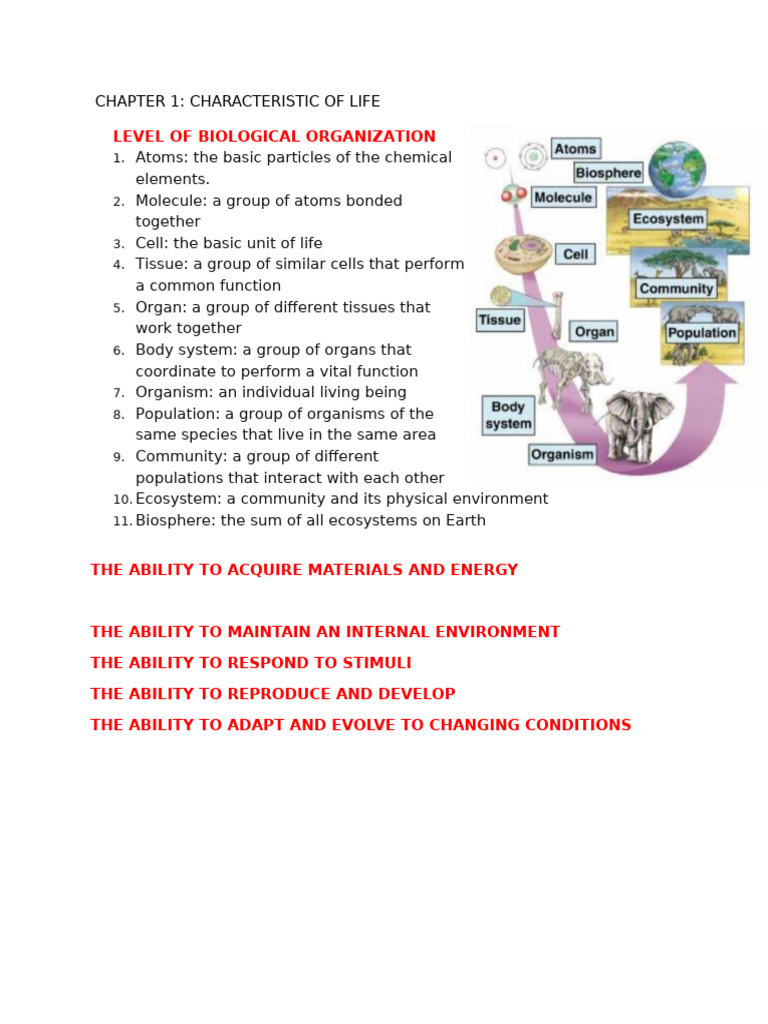 Level of Biological Organization: Chapter 1: Characteristic of Life | PDF