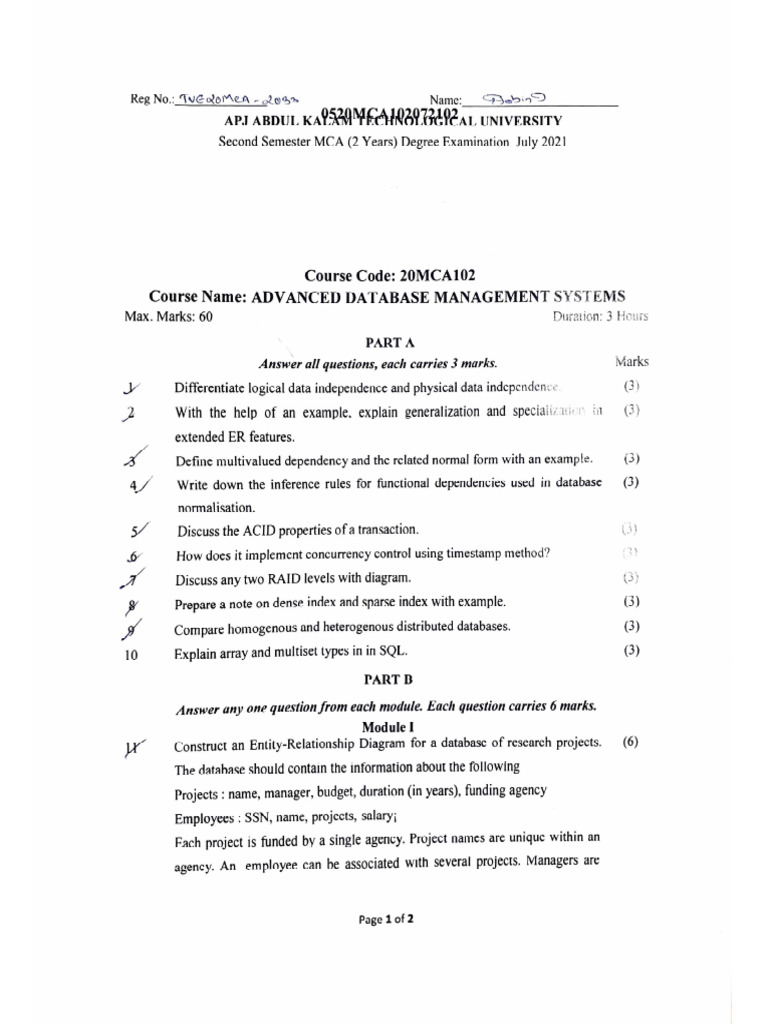 Ktu Mca Adbms QP2021 | PDF