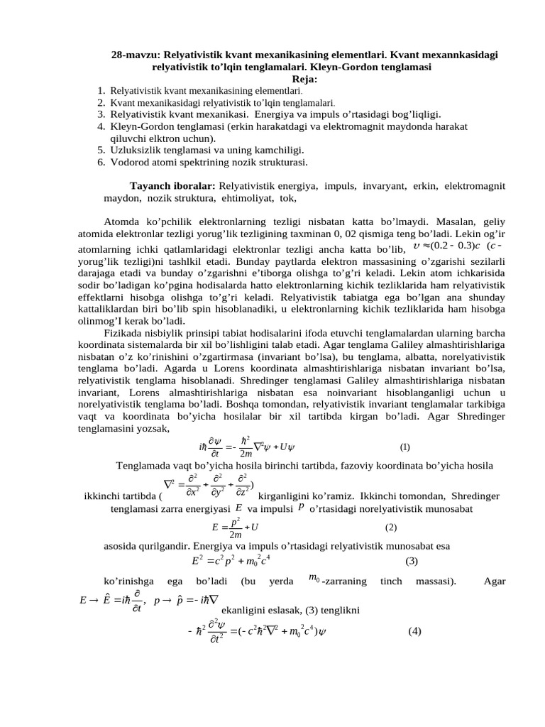 M28 - Relyativistik Kvant Mexanikasining Elementlari. Kvant Mexannkasidagi Relyativistik To'lqin ...