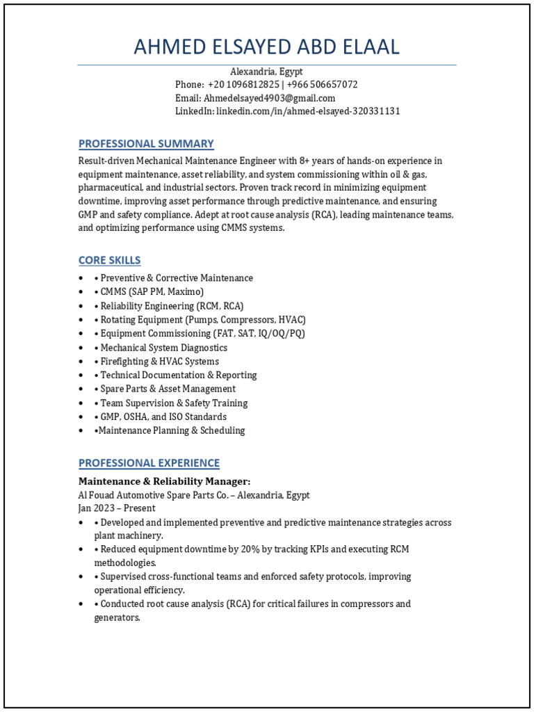 Mechanical Maintenance Engineer Resume | PDF | Reliability Engineering