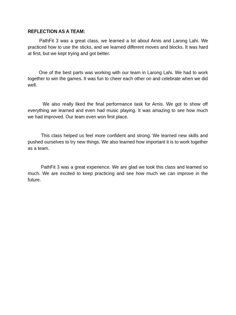 Team Reflection on PathFit 3 Experience | PDF