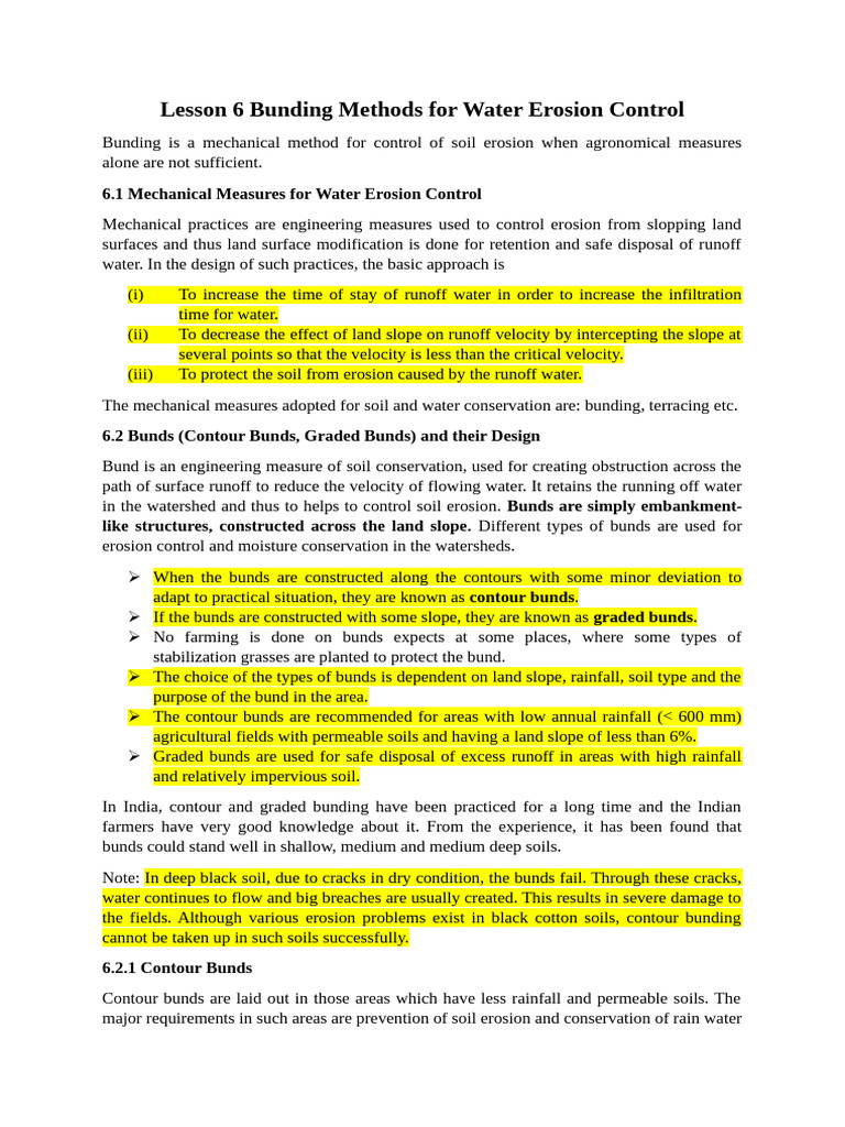 Lesson 6 Bunding Methods For Water Erosion Control | PDF | Surface ...