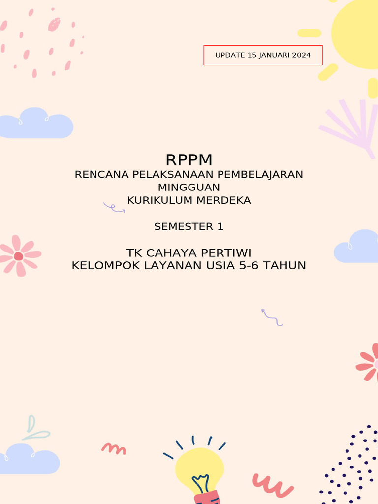 RPPM TK - Cahaya Pertiwi B 5 6 Tahun Kurikulum Merdeka Smt1 6 Hari | PDF