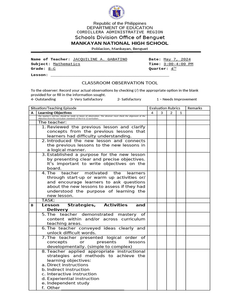 Clasroom Observation Tool | PDF | Learning | Teachers