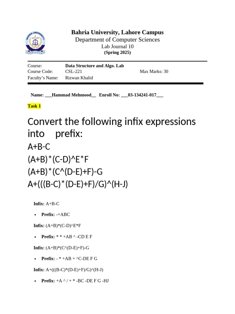 Lab 10 Infix Postfix Prefix 30042025 093527am | PDF