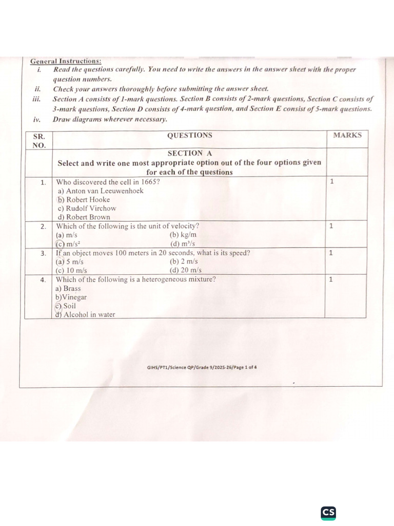 Science Periodic Test Paper 1 Class 9 | PDF