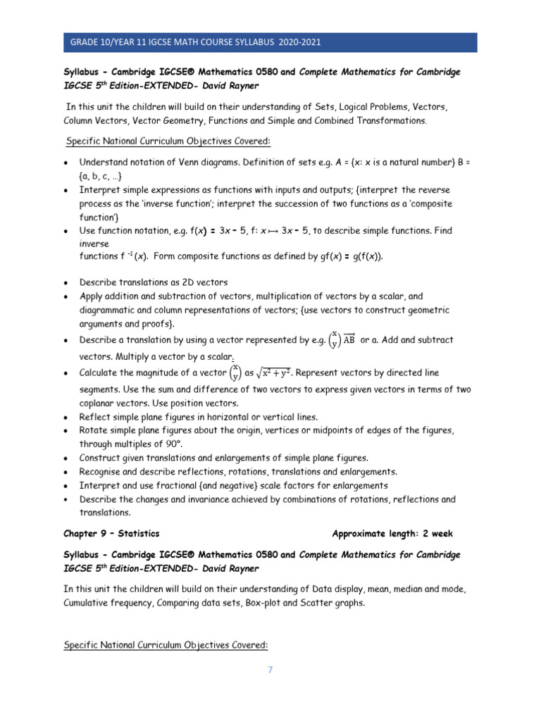 Grade 10 IGCSE Maths Syllabus 2020-21 | PDF | Euclidean Vector ...
