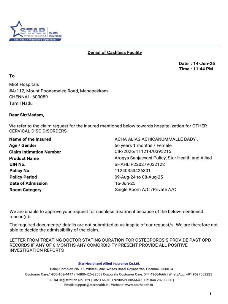 Cashless Denial Letter | PDF | Social Programs | Medicine