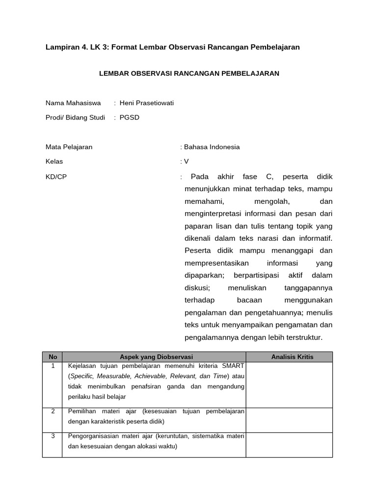 HENI_Lampiran 4. LK 3 Contoh Format Lembar Observasi Rancangan Pembelajaran | PDF