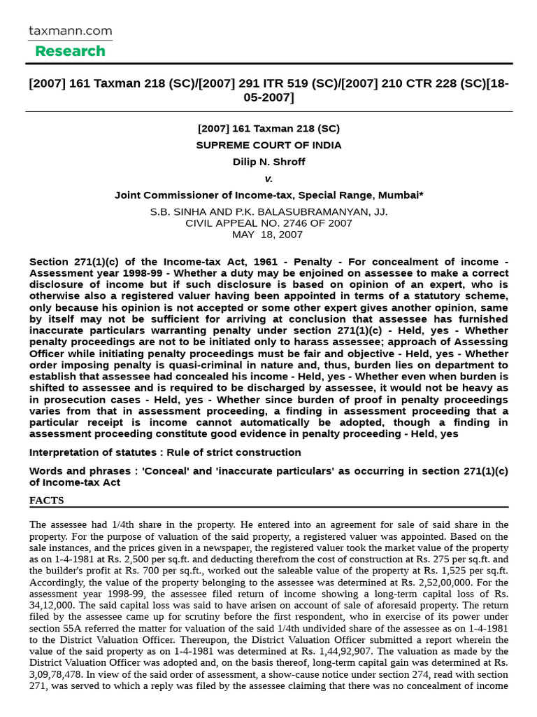 Dilip N. Shroff v. Joint CIT, (2007) 6 SCC 329. | PDF | Real Estate Appraisal | Burden Of Proof ...